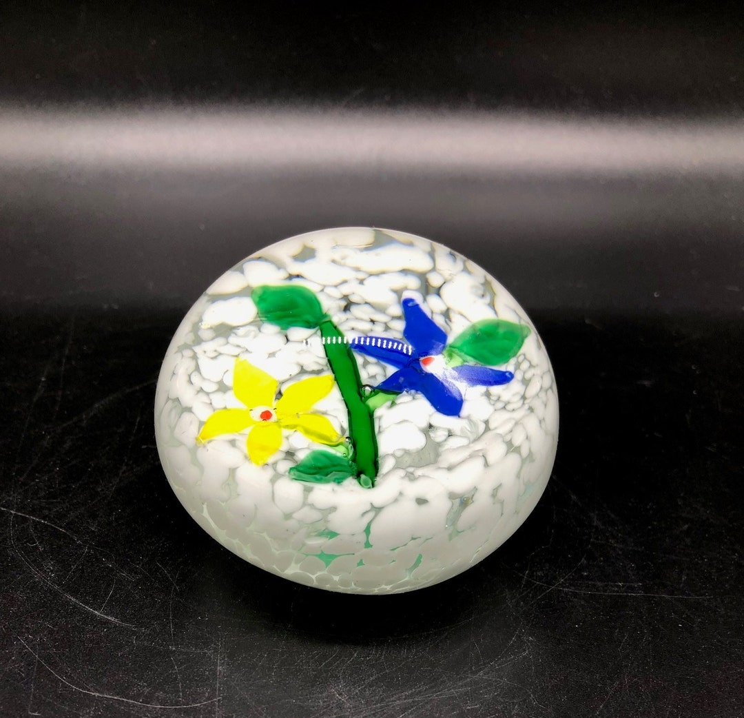 Vintage Susi Kramer Glass Flower Paperweight, Yellow and Blue Flowers ...