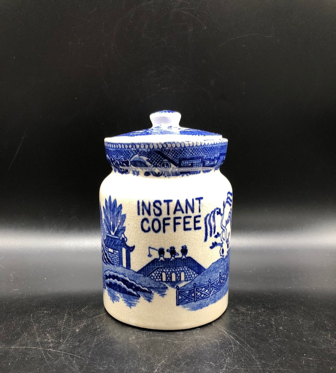 Antique Blue Willow Ceramic Instant Coffee Canister, White and Blue ...