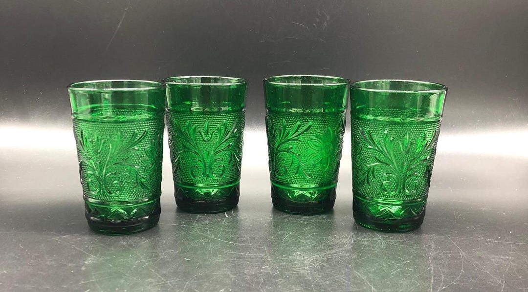 Set of 4 Vintage Sandwich Glass Company, Pressed Forrest Green Juice ...