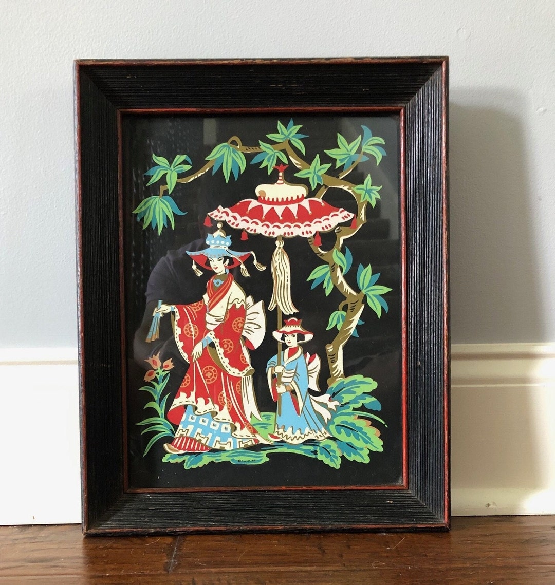 Vintage Framed Asian Lithograph, 1950's Print by D.A. Co INC, Black ...