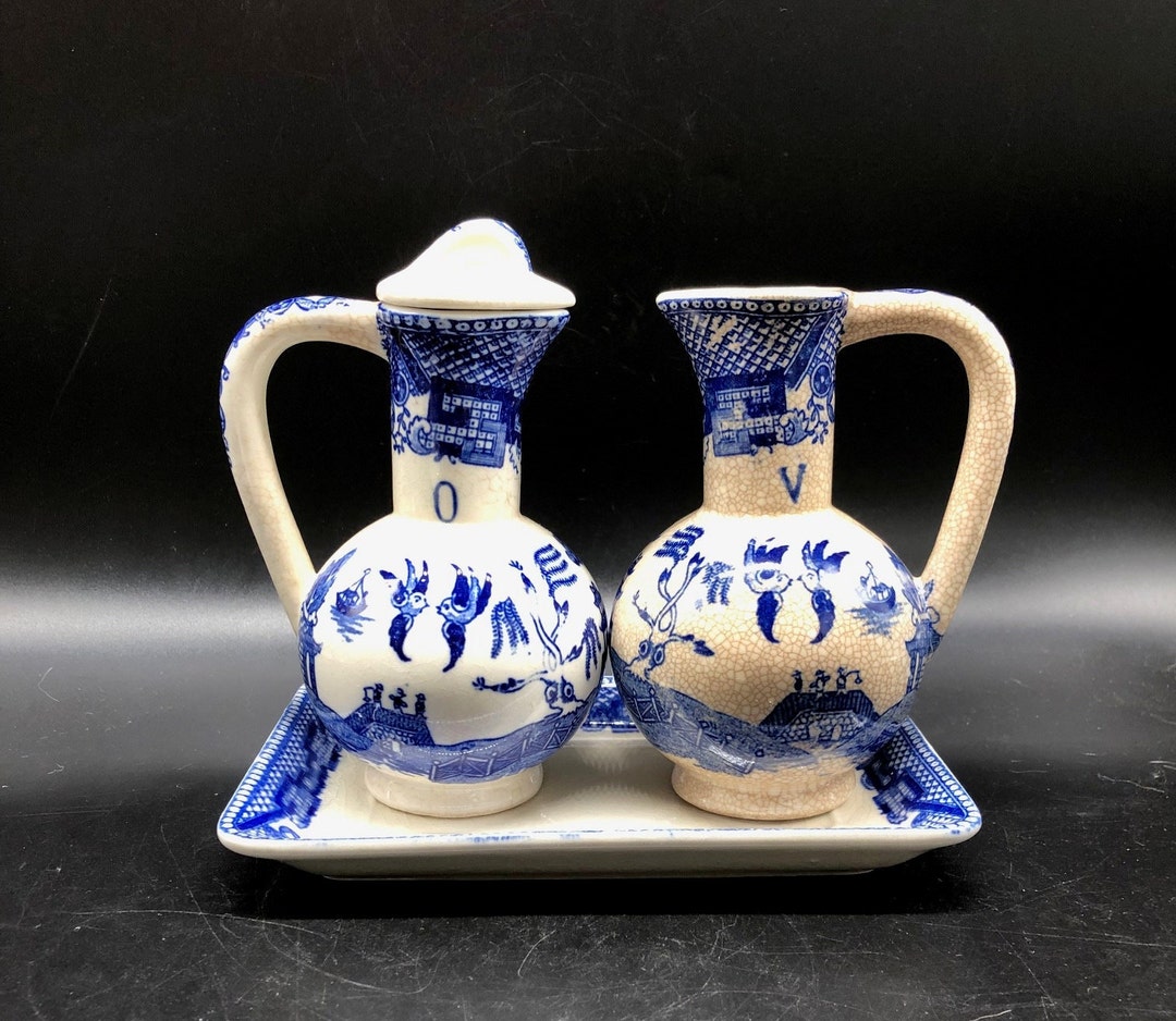 Antique Blue Willow Ceramic Oil & Vinegar Cruets on A Small Plate ...