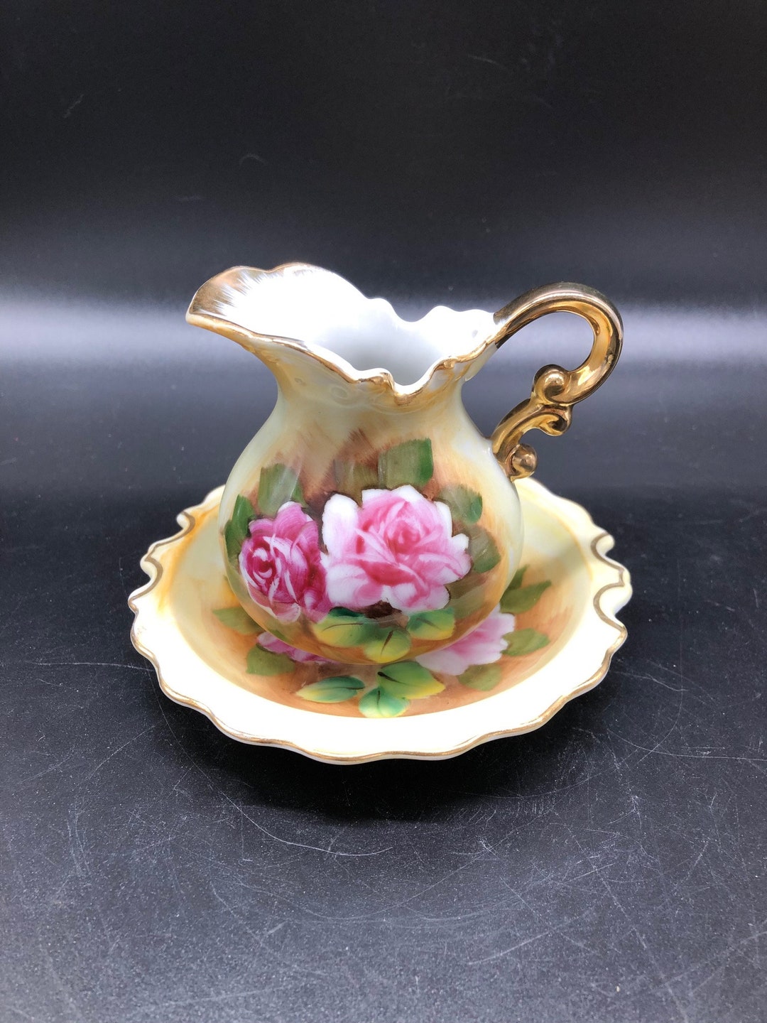 Vintage Enesco Hand Painted Small Bowl and Pitcher, Yellow With Roses ...