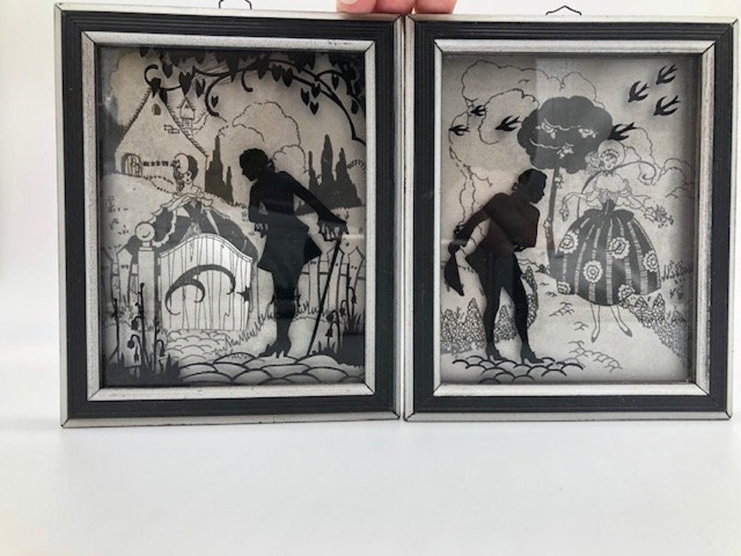 Vintage Set of 2 1933 Reverse Paintings on Glass at the Gate, & gallant ...