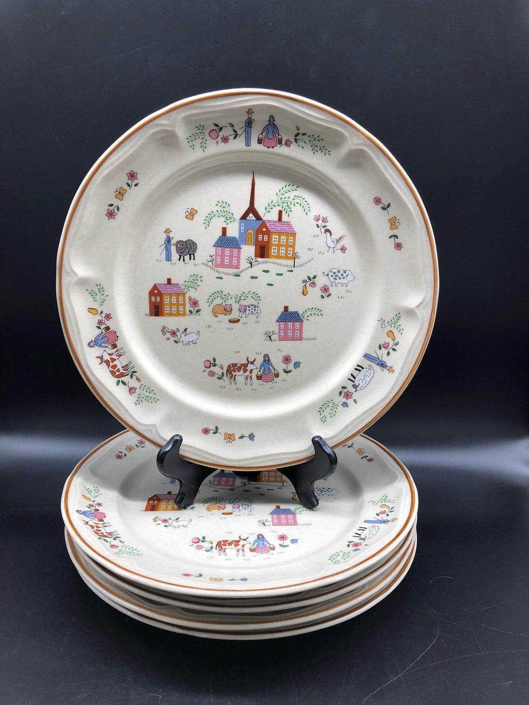 Set of 5 Vintage Newcor Stoneware Dinner Plates our Country, Excellent ...