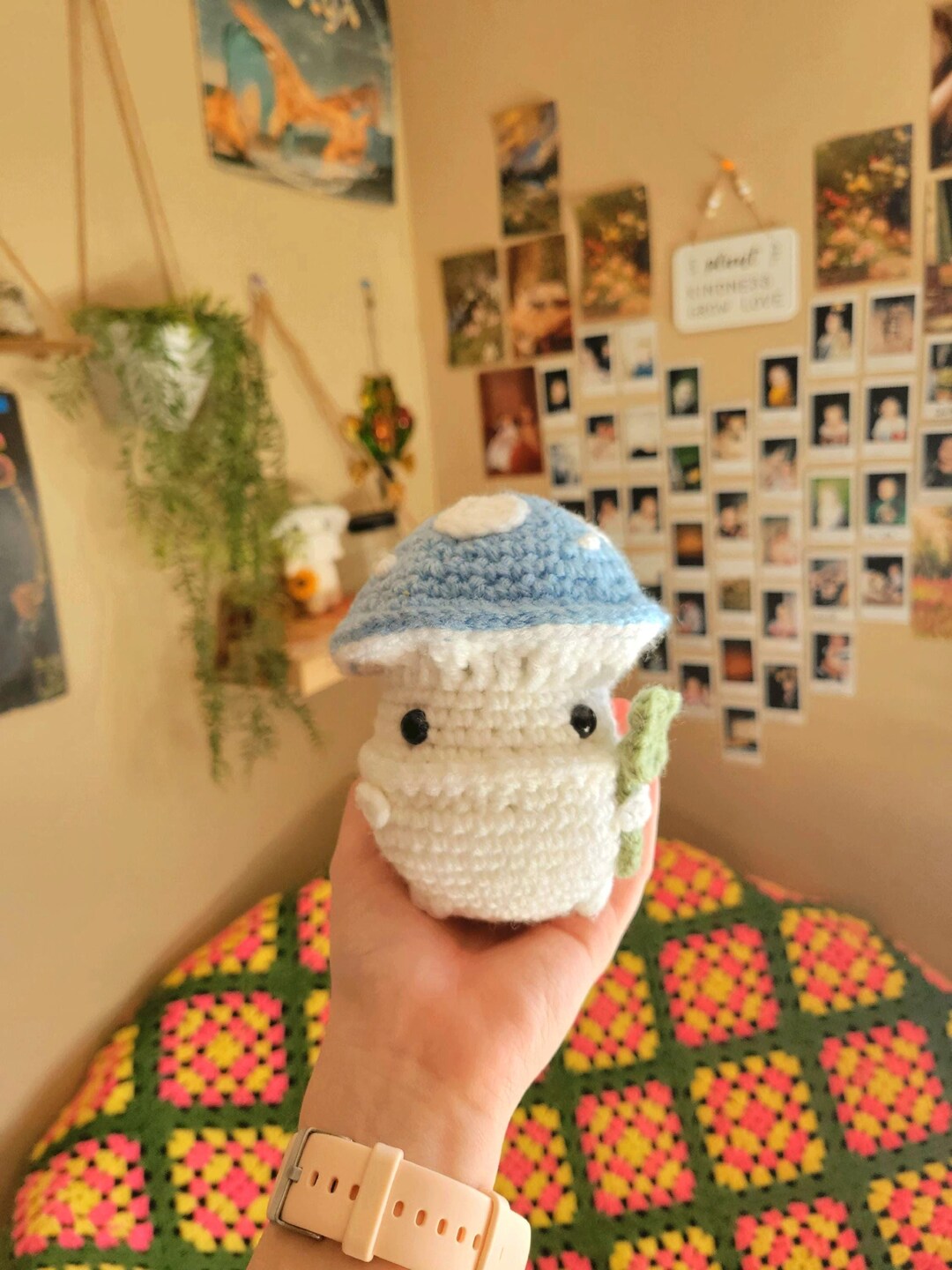 Crochet Mushroom Plush Baby Blue Mushroom Plush Toy With Four-leaf ...