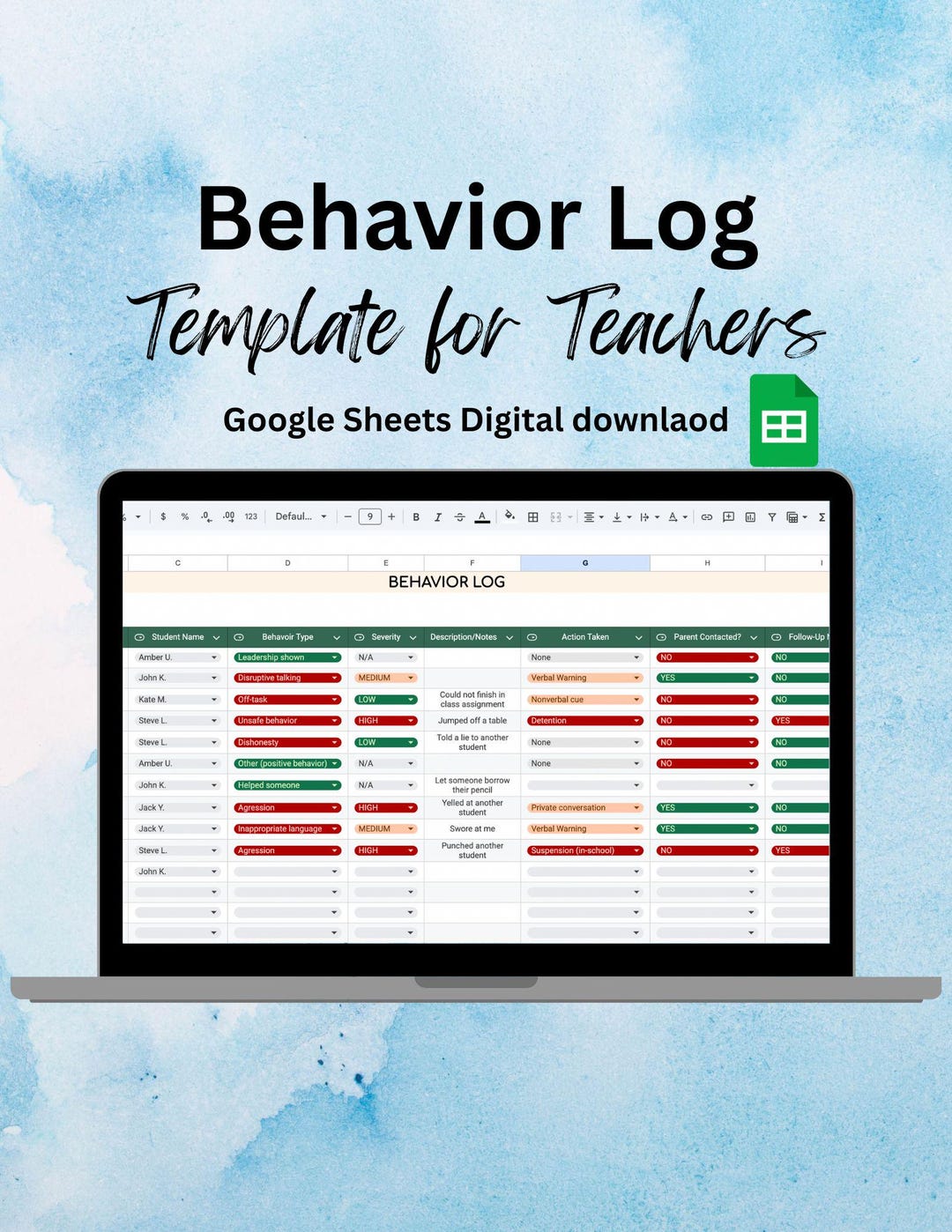 Behavior Log for Teachers Google Sheet Template - Etsy