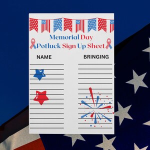 Memorial Day Potluck Sign up Sheet: Patriotic BBQ Planner (digital ...