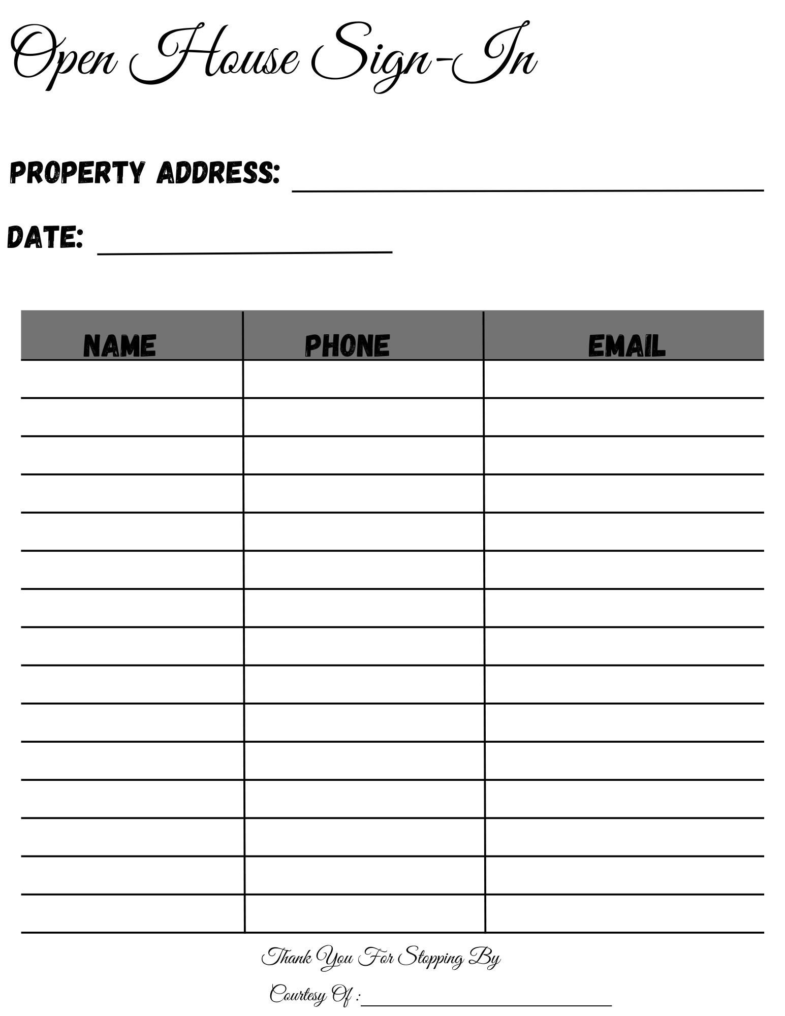 Open House Sign-in Sheet, Open House Guestbook, Property Tour Sign-in ...