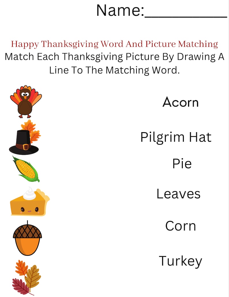 Thanksgiving Worksheet, Thanksgiving Kids Matching Worksheet ...
