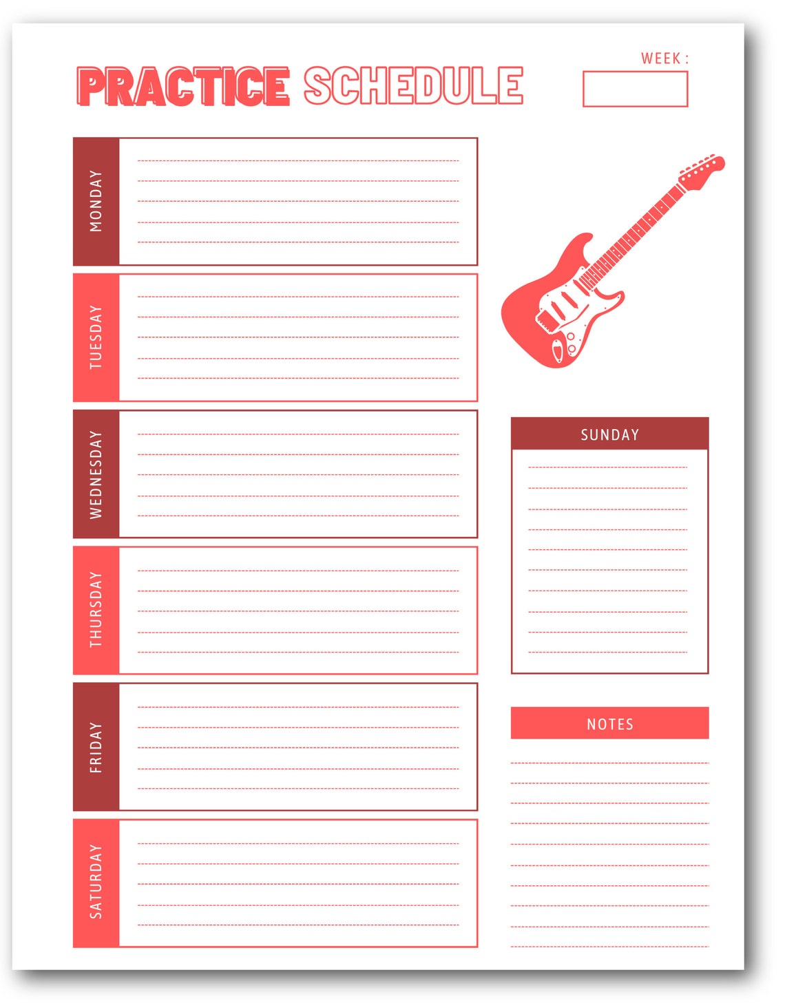 Weekly Electric Guitar Practice Planner- Printable, Study Planner ...