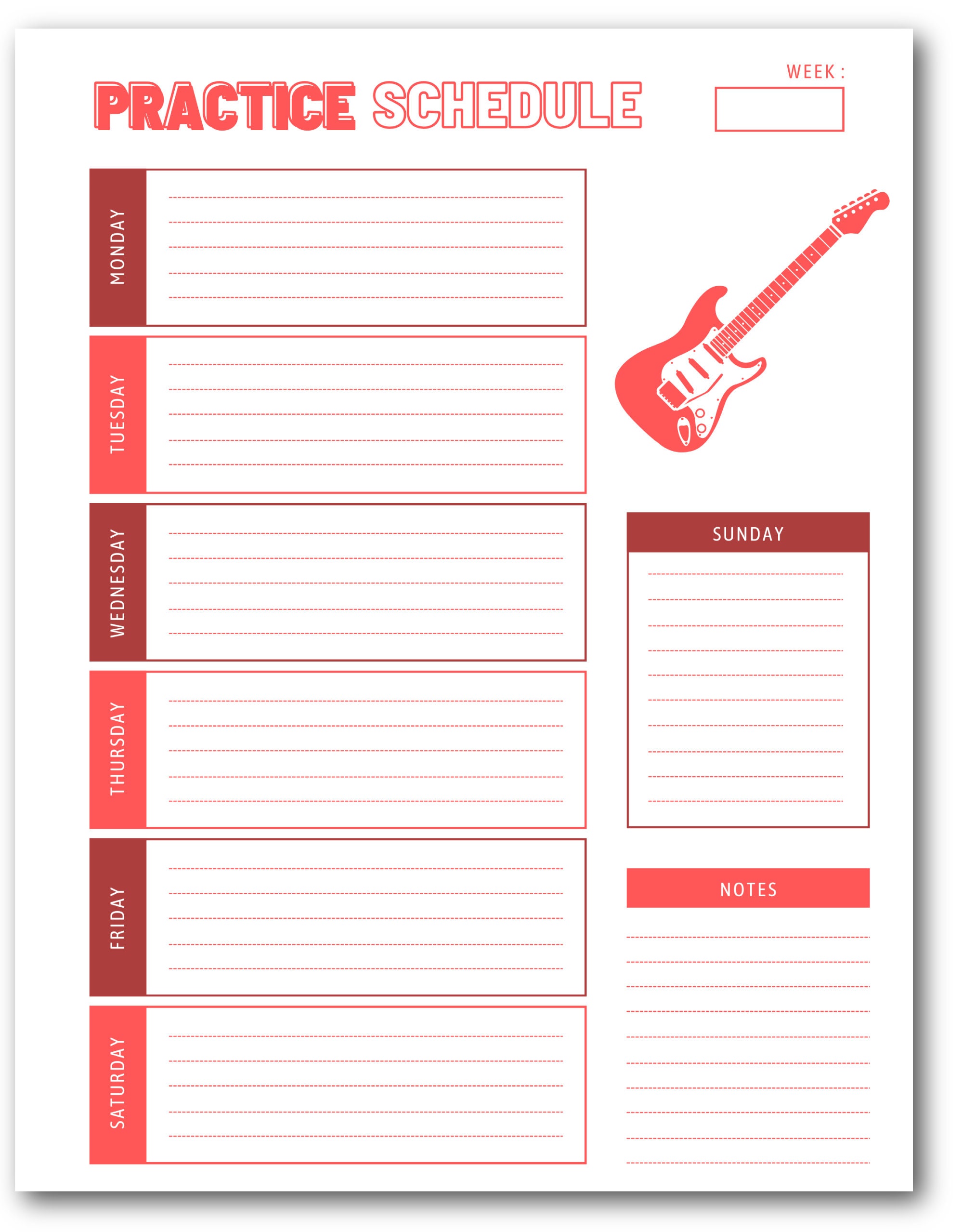 Weekly Electric Guitar Practice Planner- Printable, Study Planner ...