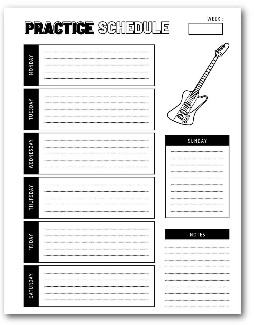 Weekly Bass Guitar Practice Planner Printable, Study Planner, Practice ...