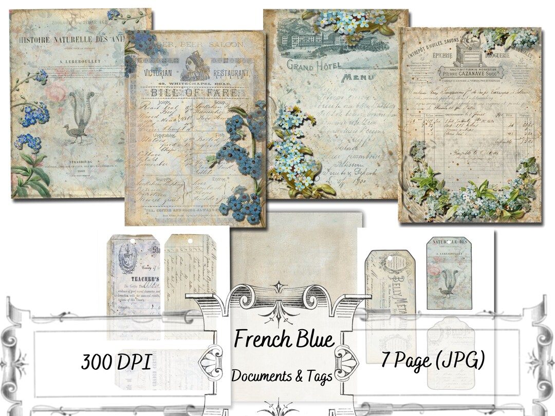 Antique French Documents - With Blue Florals - Tags - Printable Paper ...