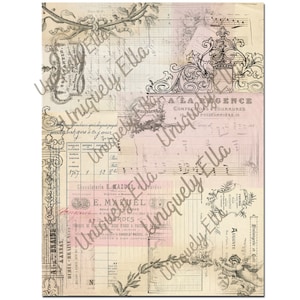 Document Collage - Essentials - Antique Ephemera - in Pink Green and ...