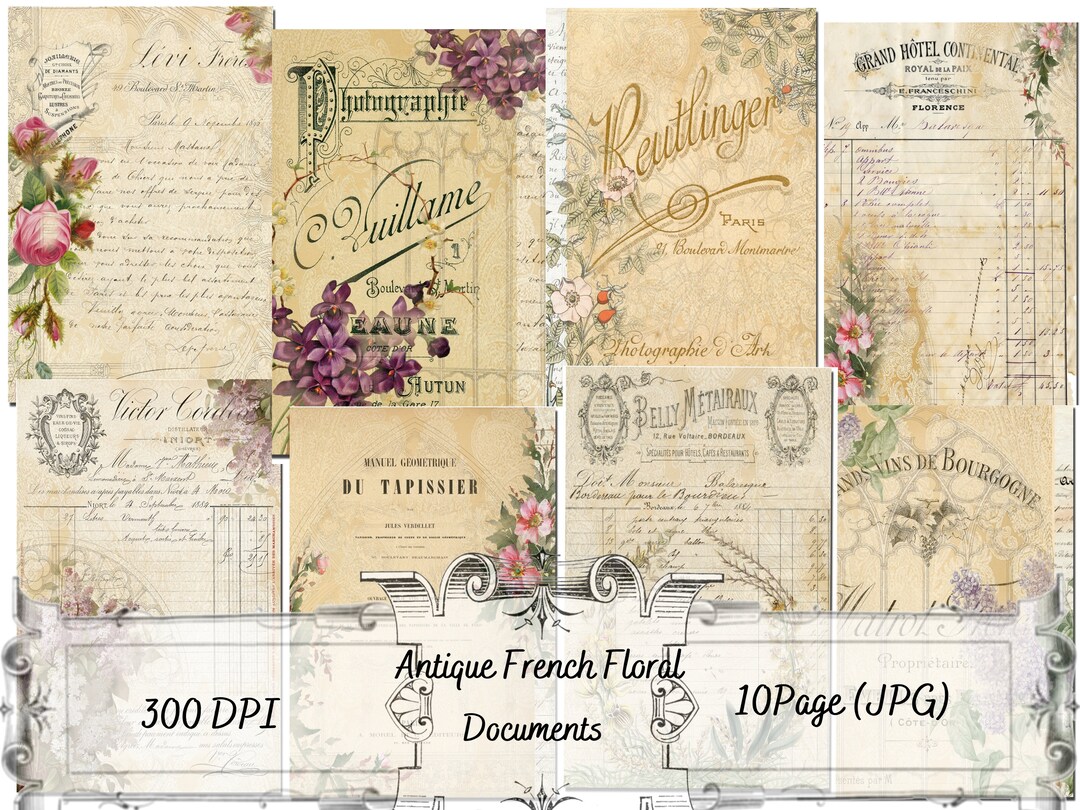 Vintage French Documents With Florals - Journal Pages - Background ...