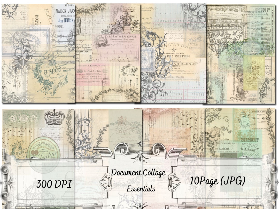 Document Collage - Essentials - Antique Ephemera - in Pink Green and ...
