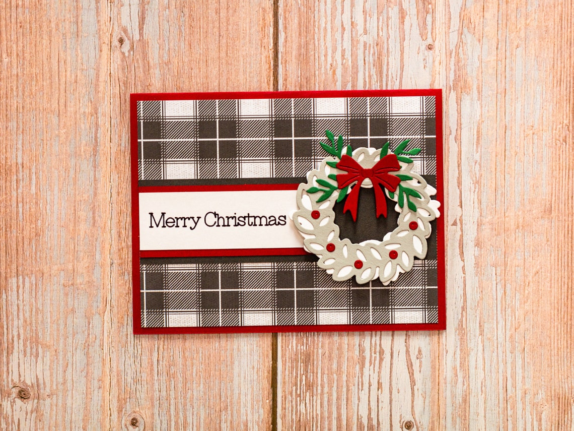 Handmade Merry Christmas Card With Wreath on Plaid Background ...