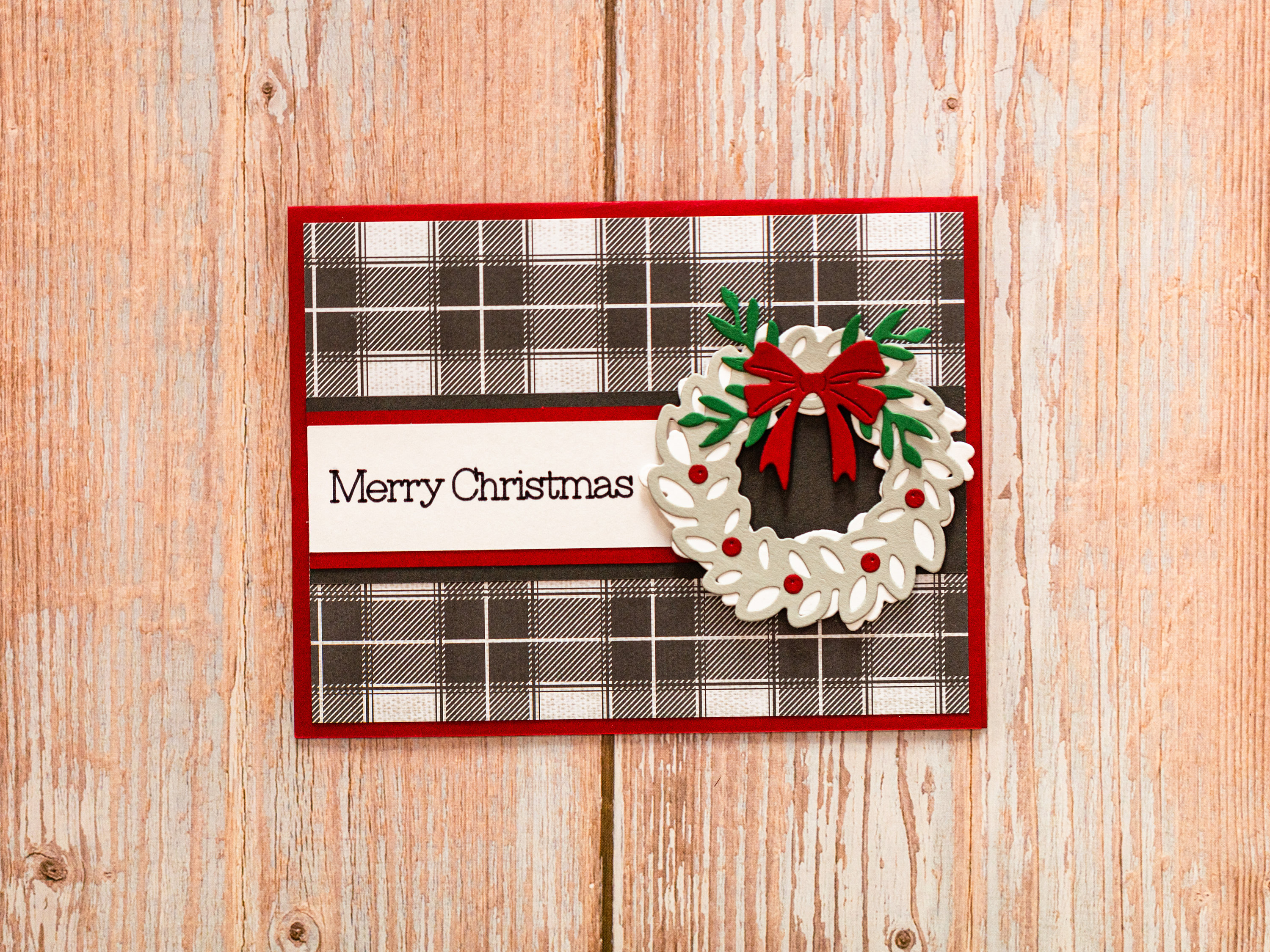 Handmade Merry Christmas Card With Wreath on Plaid Background ...