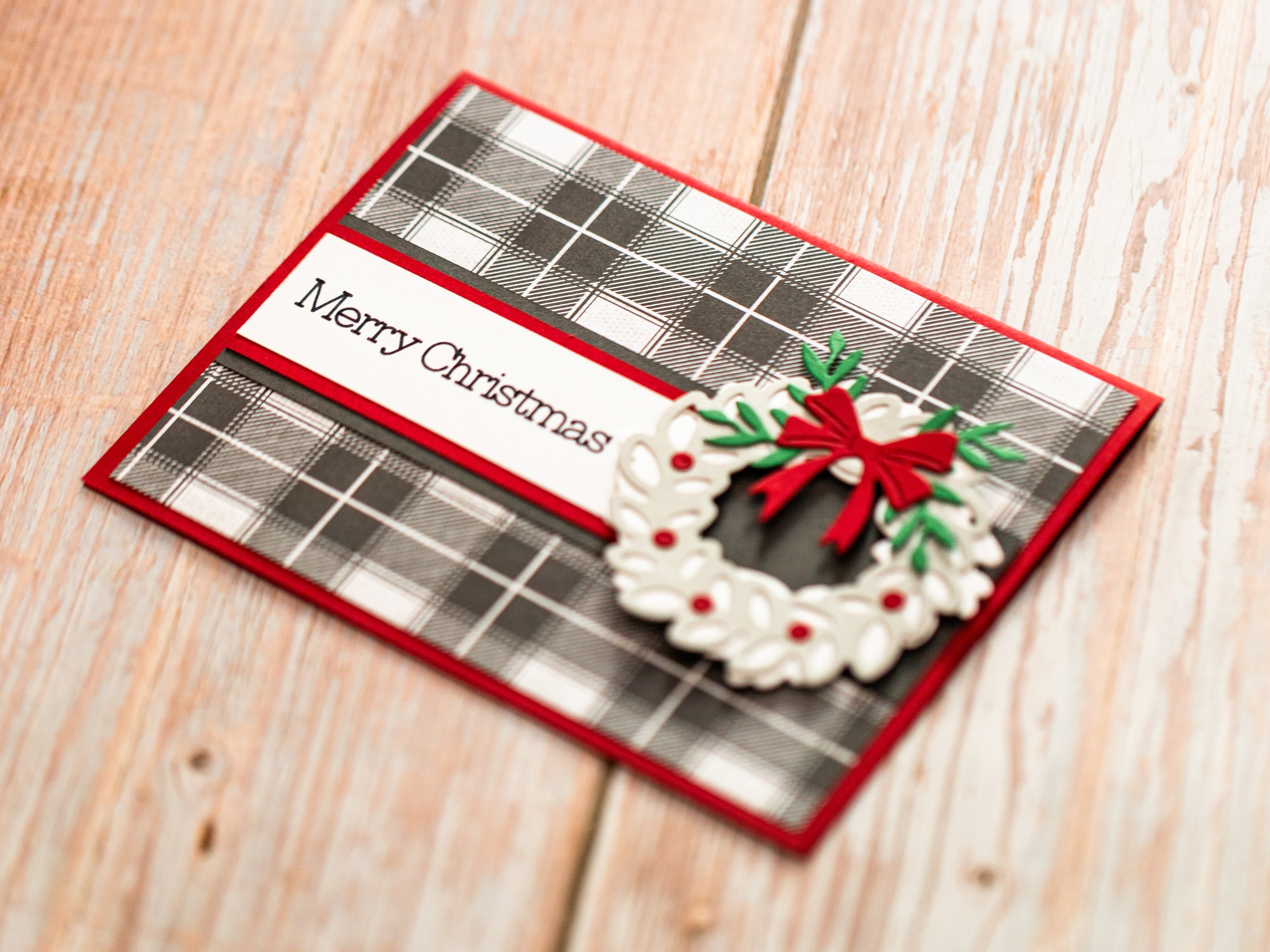 Handmade Merry Christmas Card With Wreath on Plaid Background ...
