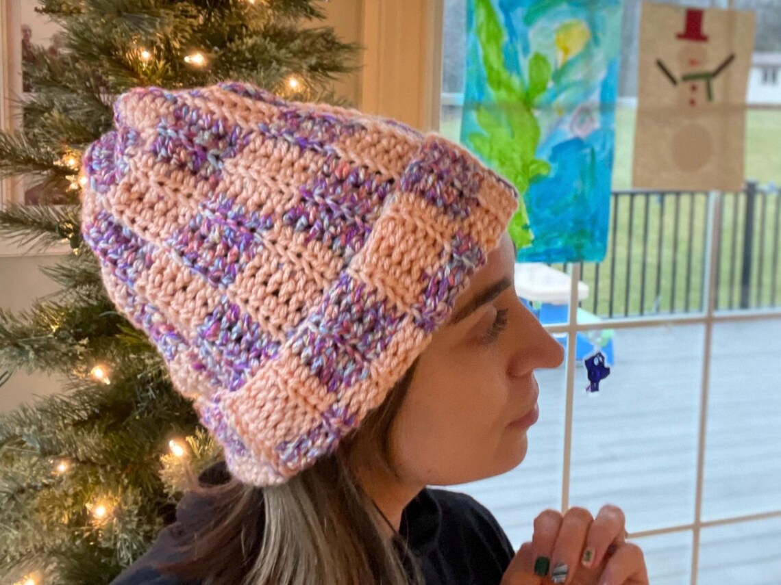 Checkered Beanie/crochet Checkered Beanie/check Beanie/handmade ...