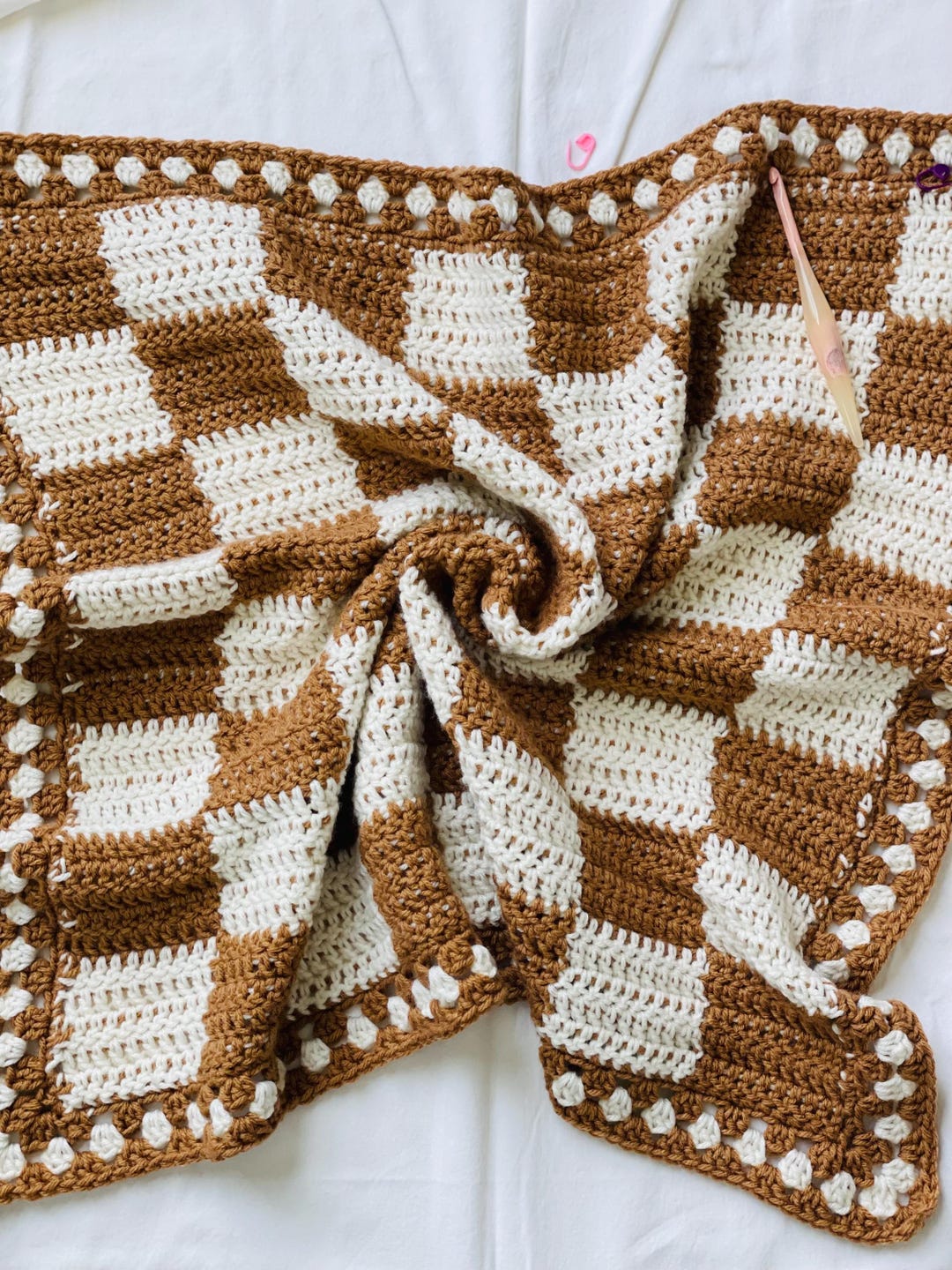 Tan Checkered Baby Blanket/classic Crochet Blanket/wide Tan Checkered ...
