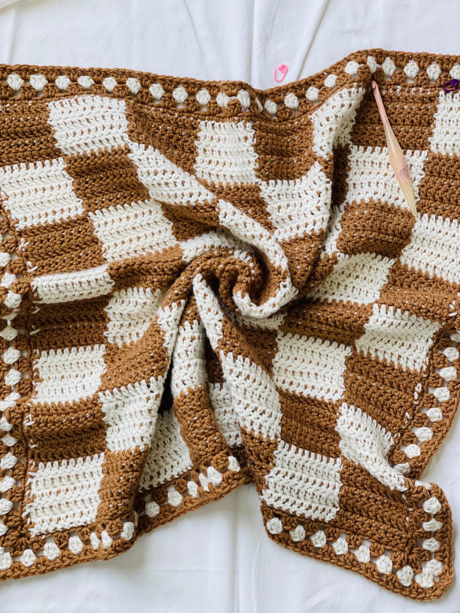 Tan Checkered Baby Blanket/classic Crochet Blanket/wide Tan Checkered ...