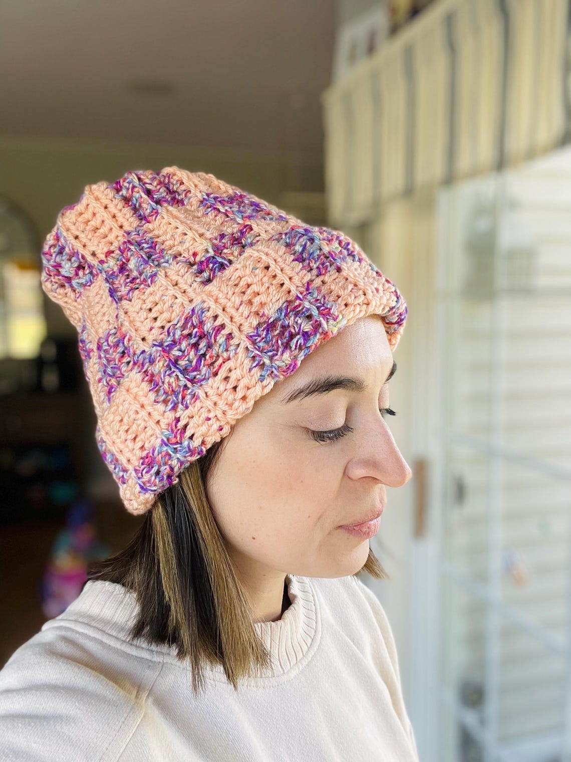 Checkered Beanie/crochet Checkered Beanie/check Beanie/handmade ...