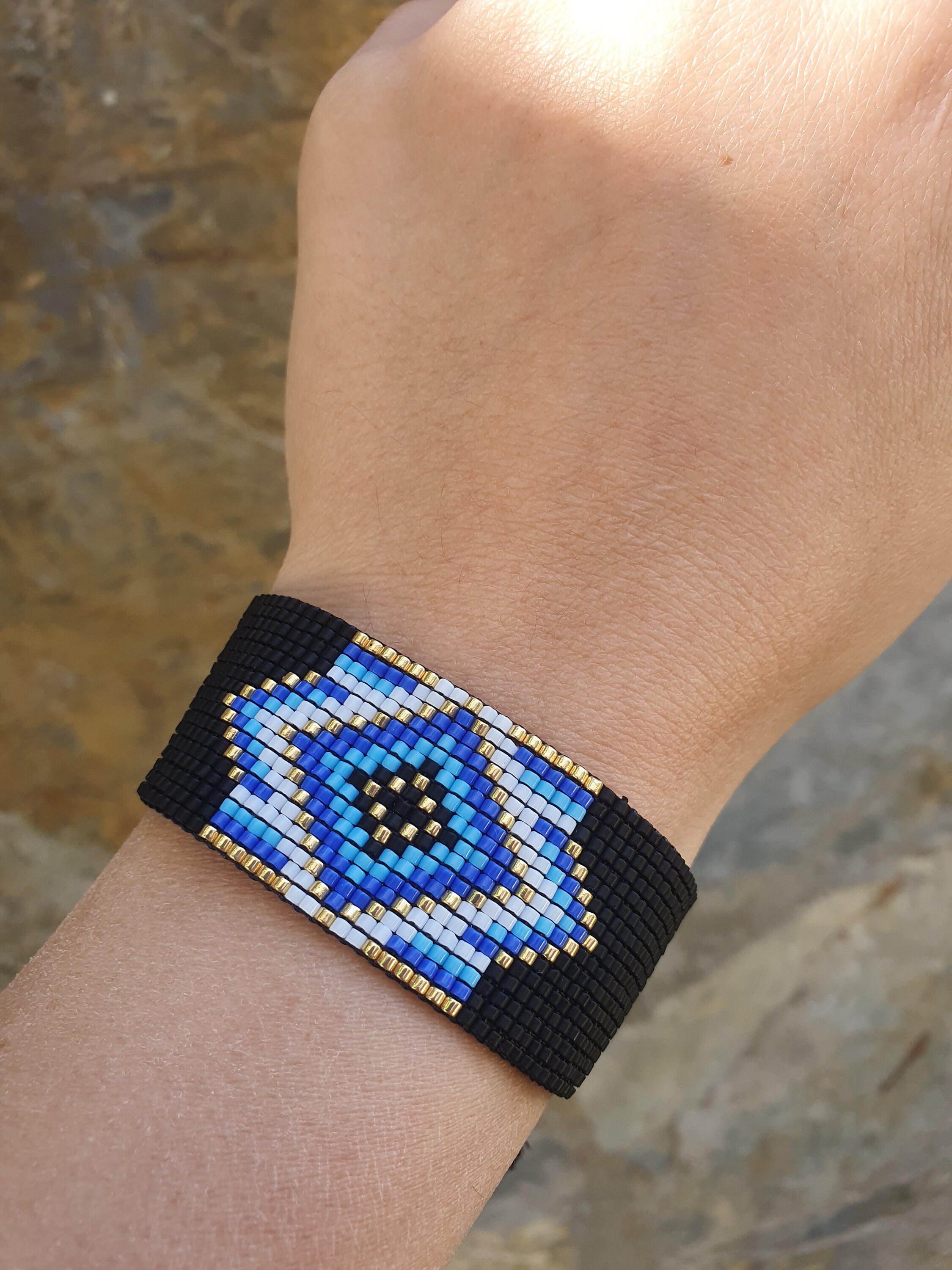 Evil Eye Bead Bracelet, Modern Ethnic Eye Pattern, Black Cuff Jewelry ...
