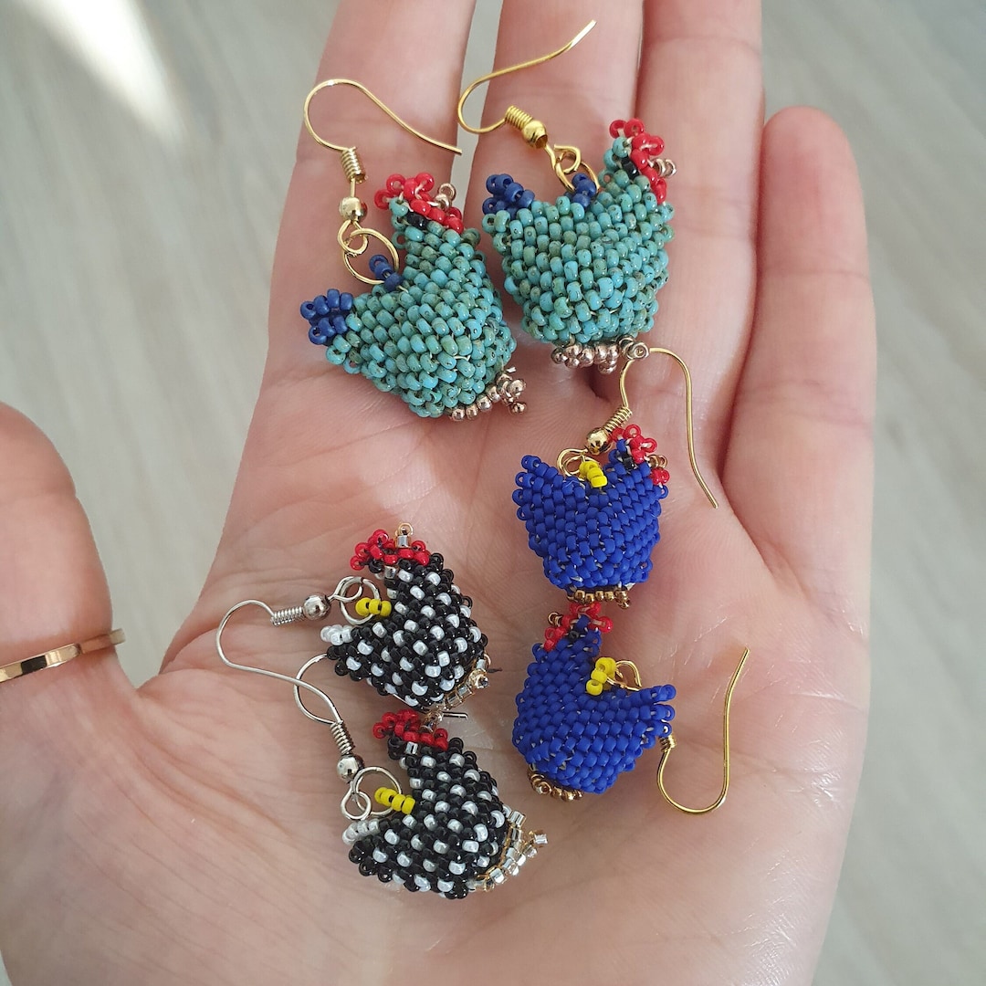 Beaded Chicken Earrings: 3D Miyuki Beadwork, Animal Lover Gift - Etsy