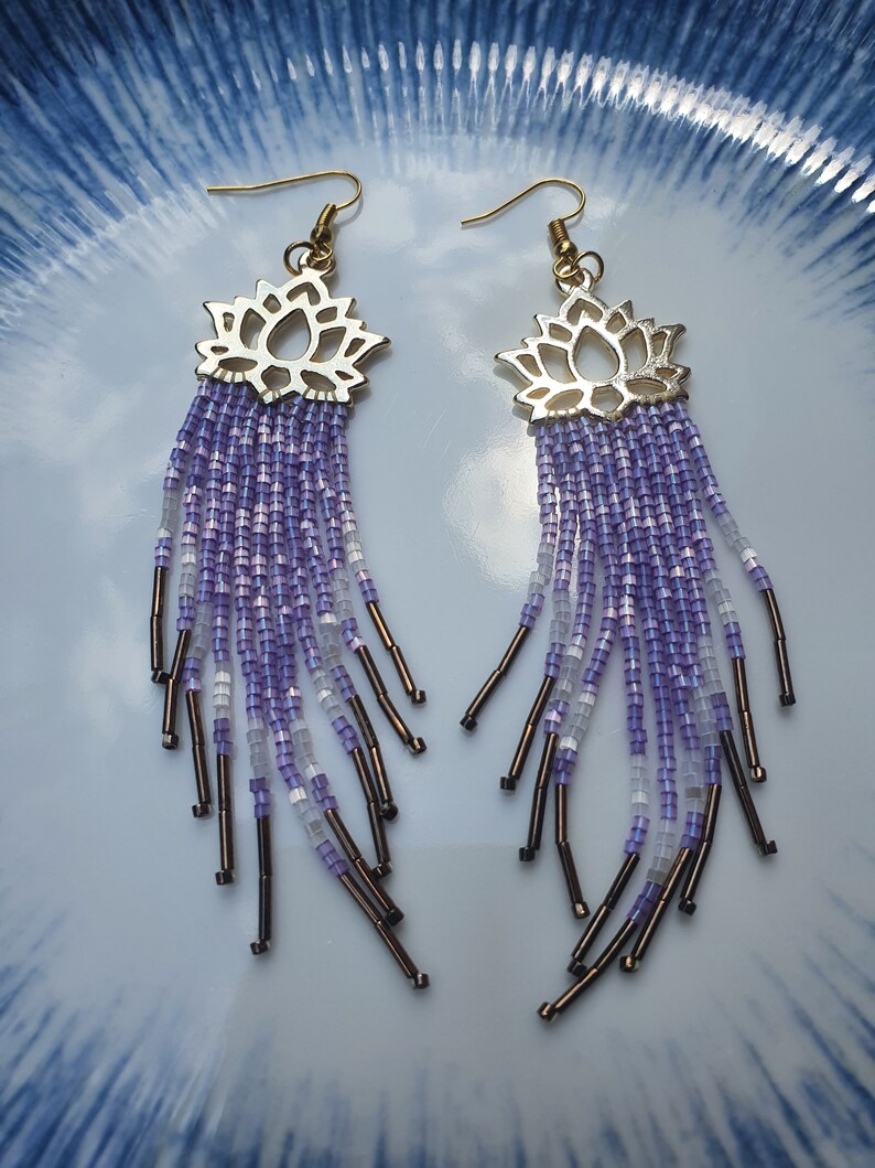 Long Dangling Beaded Earrings, Nature Inspired Jewelry, Shiny Purple ...
