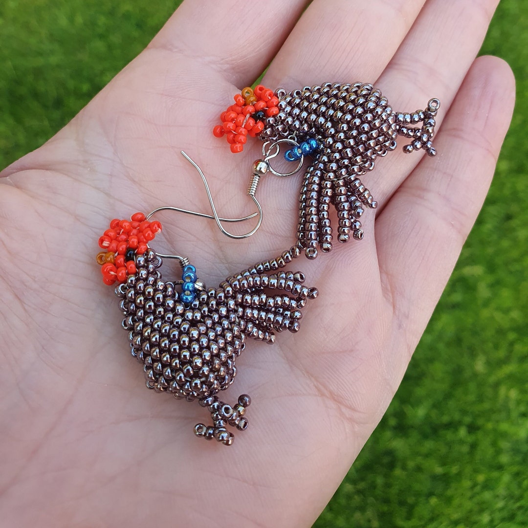Unique Funny Rooster Earrings, Beaded Animal for Animal Lover, 3d Coop ...
