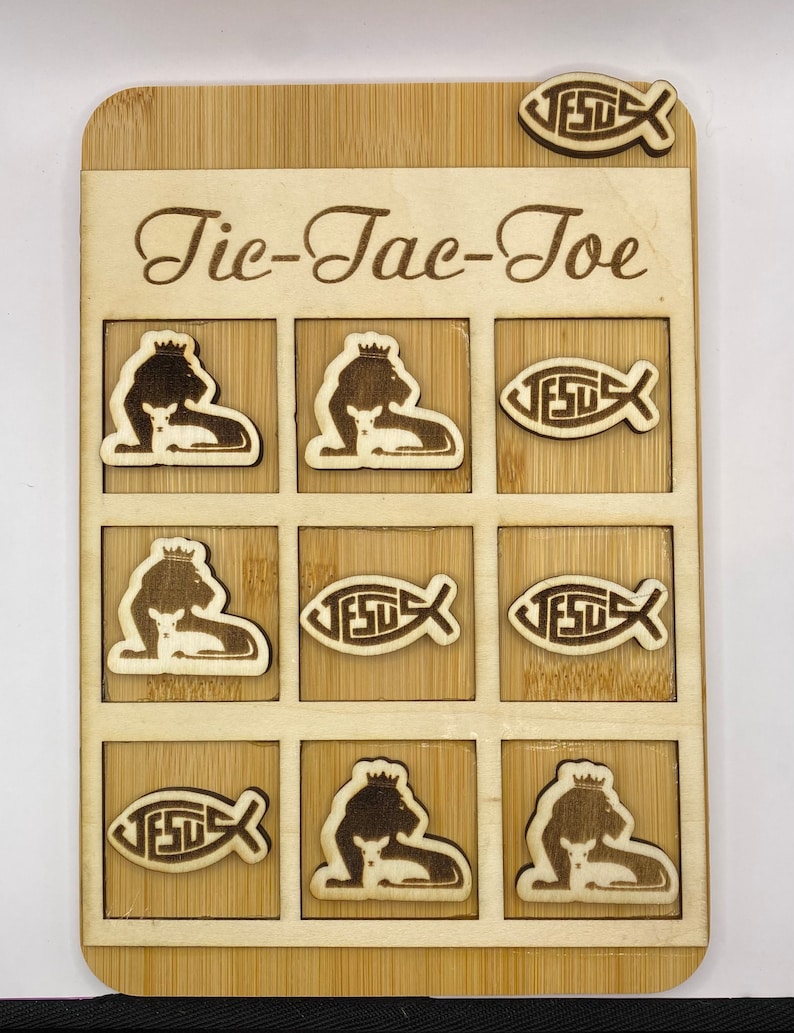 Bible Wooden Tic Tac Toe Game Jesus, Christian, Fish, Lion and Lamb ...