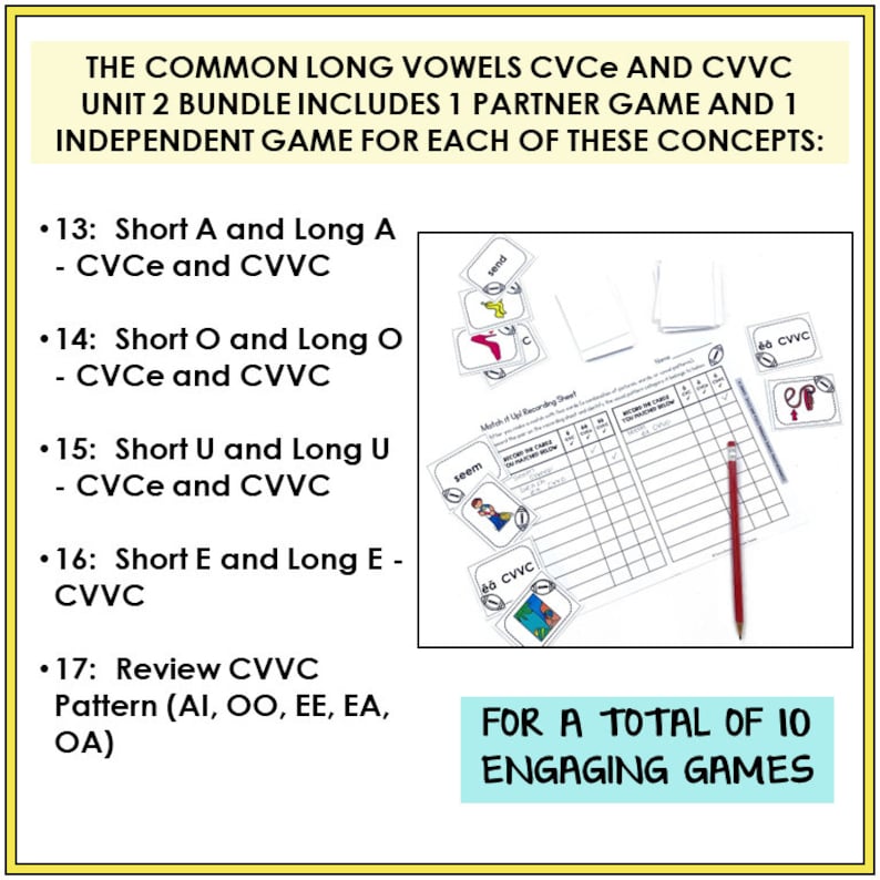 Common Long Vowel Patterns Cvce and CVVC Activity and Games Bundle ...