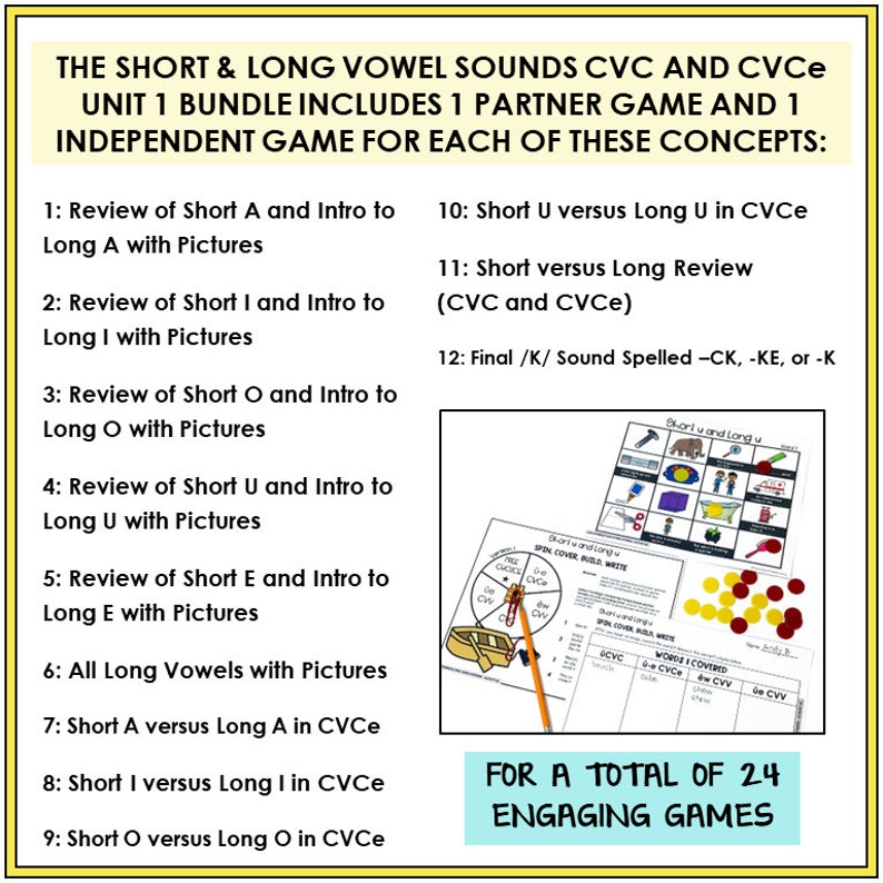 Short and Long Vowel Sounds Activities and Games Bundle | Elementary ...
