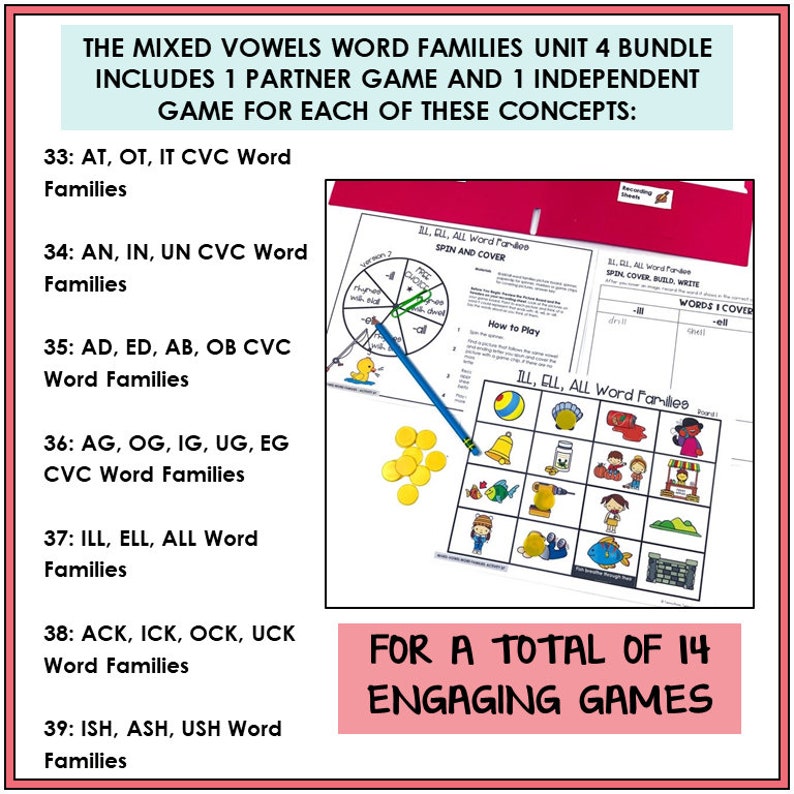 CVC Word Family Games | Elementary Phonics K 1st Grade Spelling ...