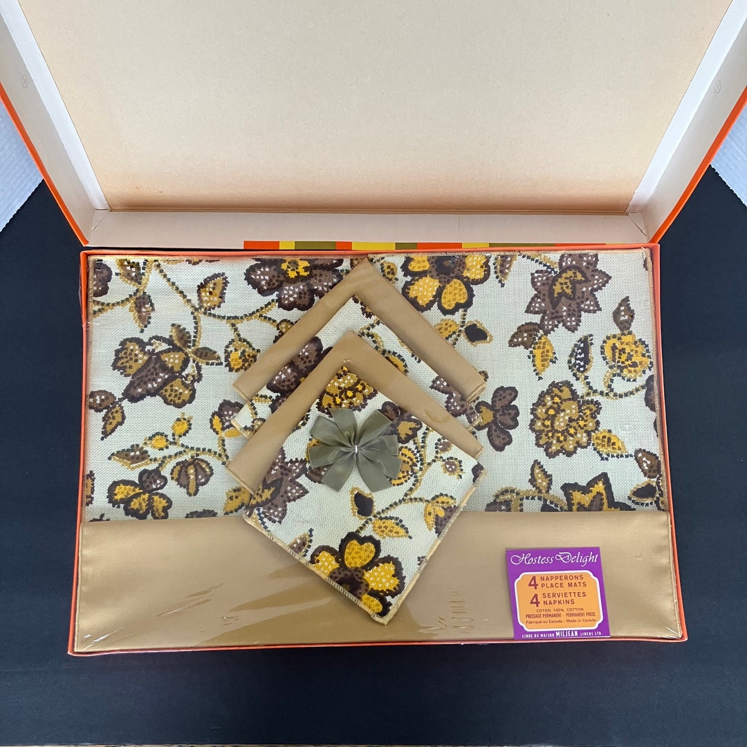 Vintage Hostess Delight Retro Floral Yellow Brown Placemats Table Mats ...