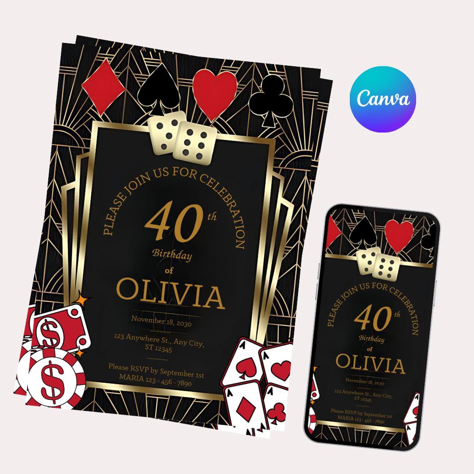 Casino Birthday Invitation, 40th Birthday Invite, Casino Night Invite ...