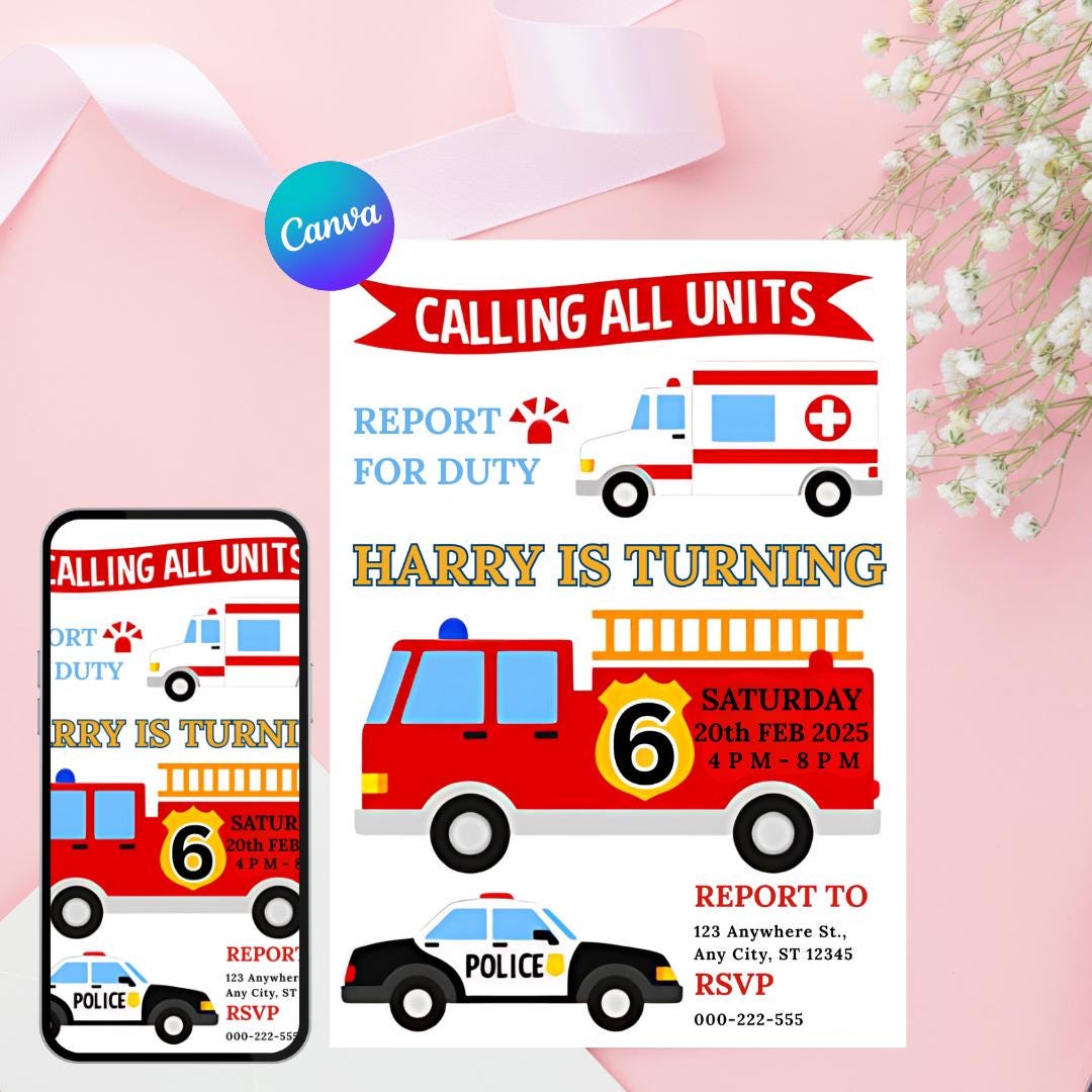 Emergency Vehicles Birthday Invitation, Fire Truck, Police, Ambulance ...