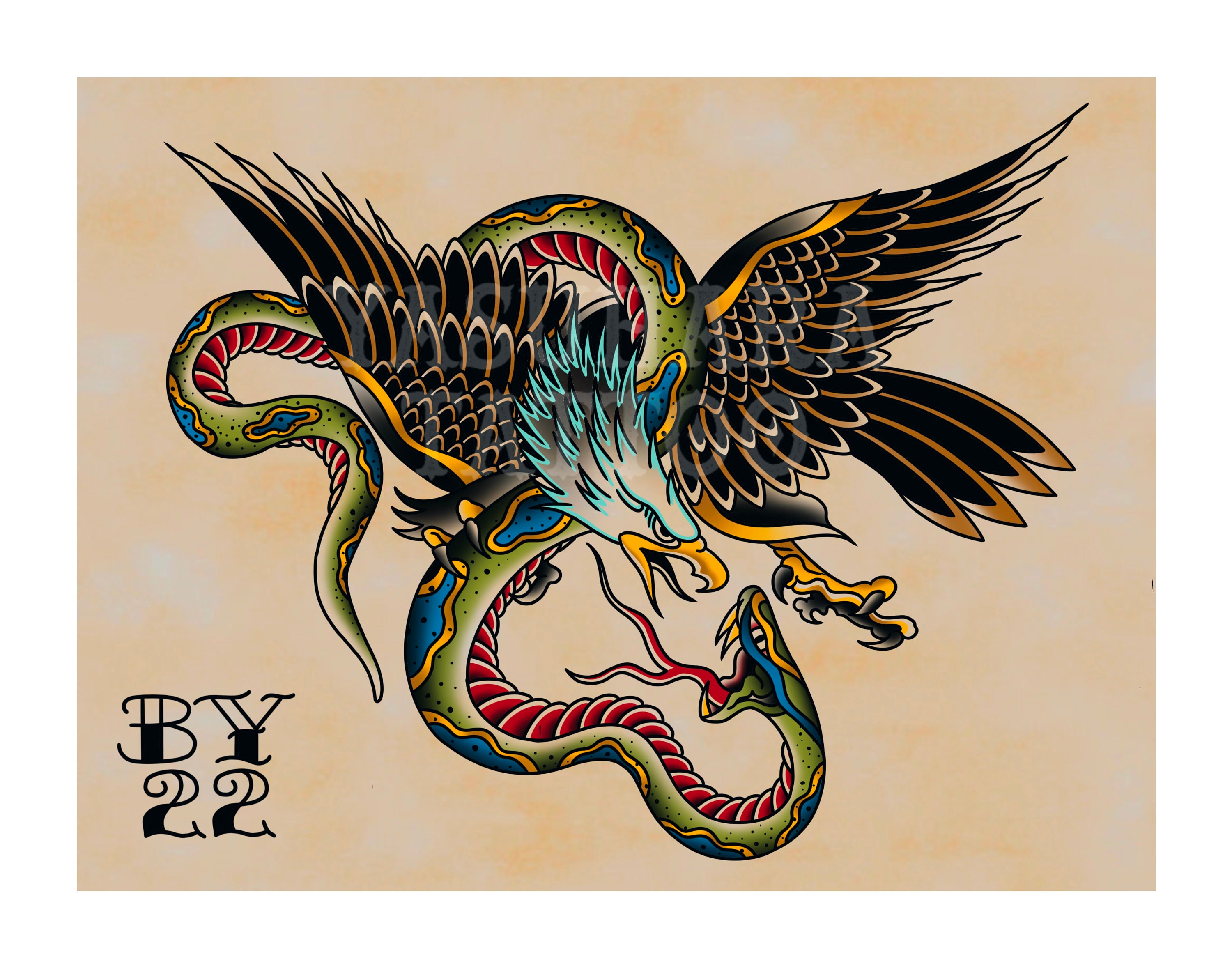 Traditional Eagle And Snake Tattoo