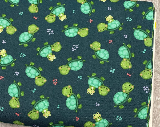 Turtle Fabric - Ribbit - Frog Riding Turtle - 100% Cotton Fabric ...