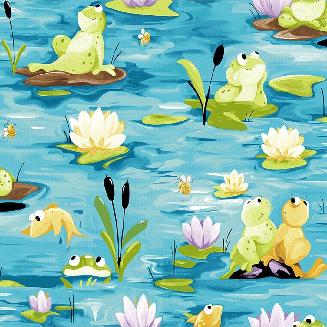 Frog Fabric Paul's Pond Allover Turquoise by Susybee 100% Cotton Fabric ...
