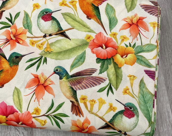 Humming Bird & Tropical Florals Fabric - Hummingbirds Collection by ...
