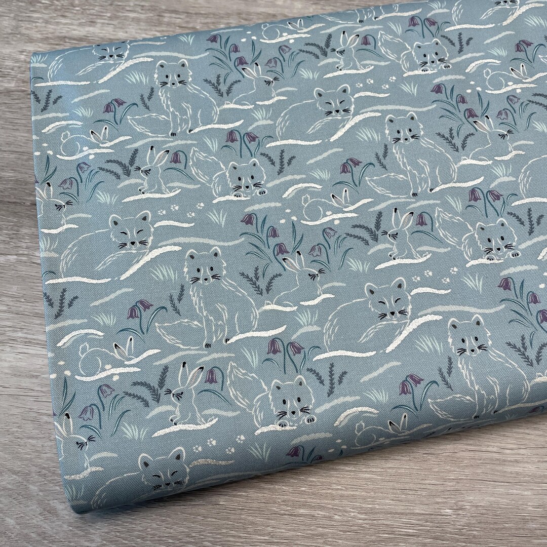 Arctic Fox and Rabbit Fabric Haring Around on Arctic Blue 100% Cotton ...