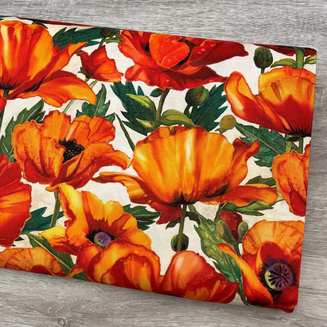 Northcott Poppy Flower Fabric - Packed Poppies on Cream - 100% Cotton ...