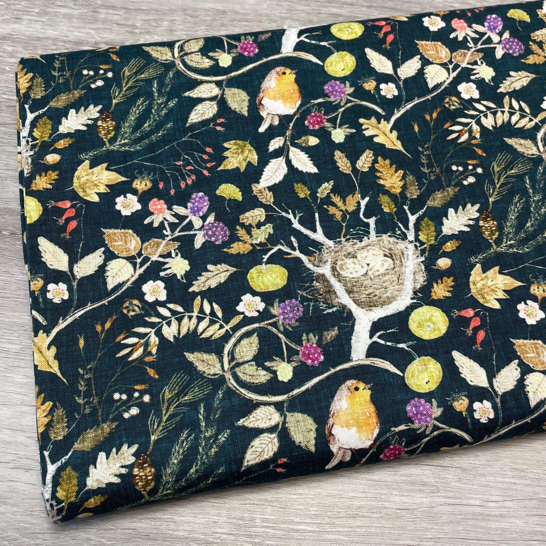 Bird Fabric - Bird Nest - Autumnity Digital Forest Fruits Dark Teal ...