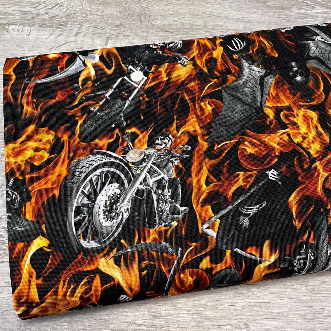 Skeletons Flaming Motorcycles Fabric - Timeless Treasures - 100% Cotton ...
