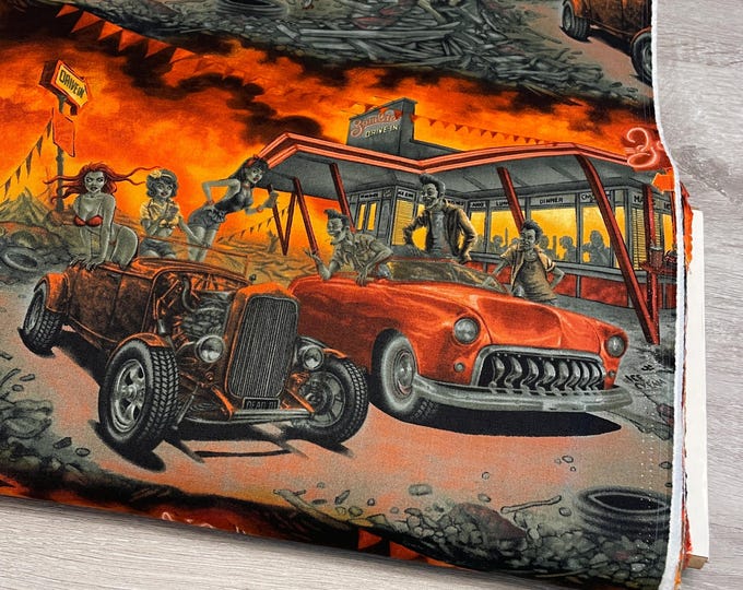 Alexander Henry Orange Zombie Drive in Halloween Fabric - LARGE SCALE ...