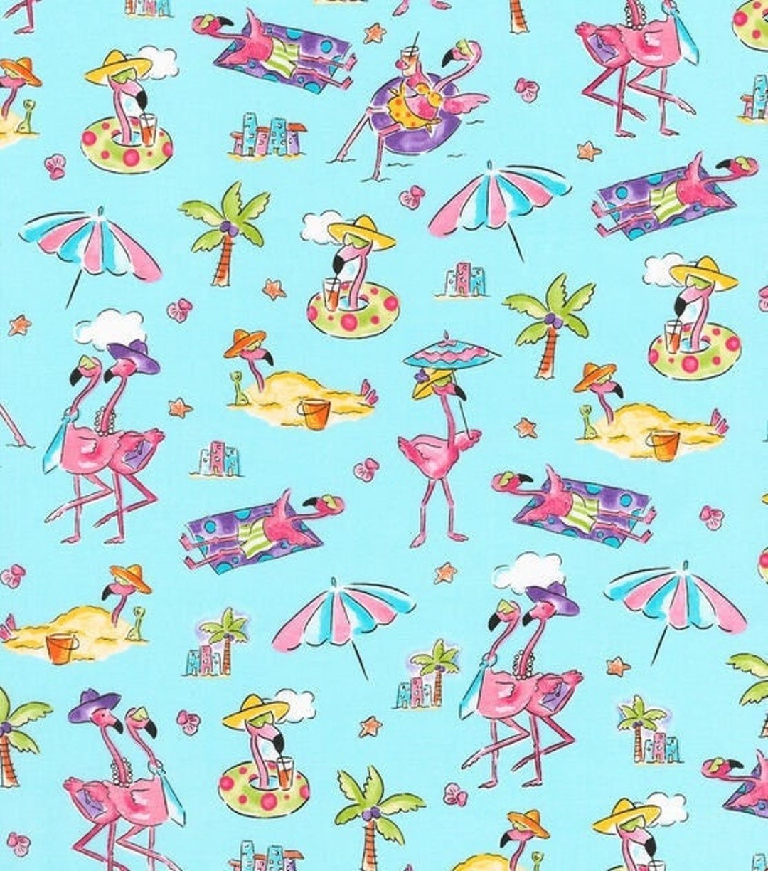 Flamingo Fabric Flamingos on the Beach by Robert Kaufman 100% Cotton ...