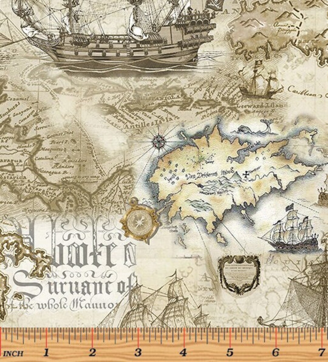 Treasure Map Fabric Benartex Top Shelf Collection 100% Cotton Sailboat ...