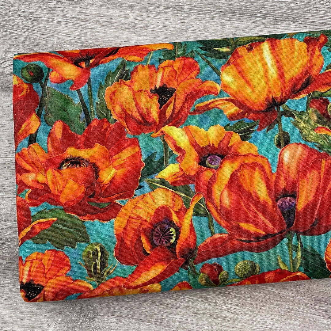 Northcott Poppy Flower Fabric - Packed Poppies Turquoise - 100% Cotton ...